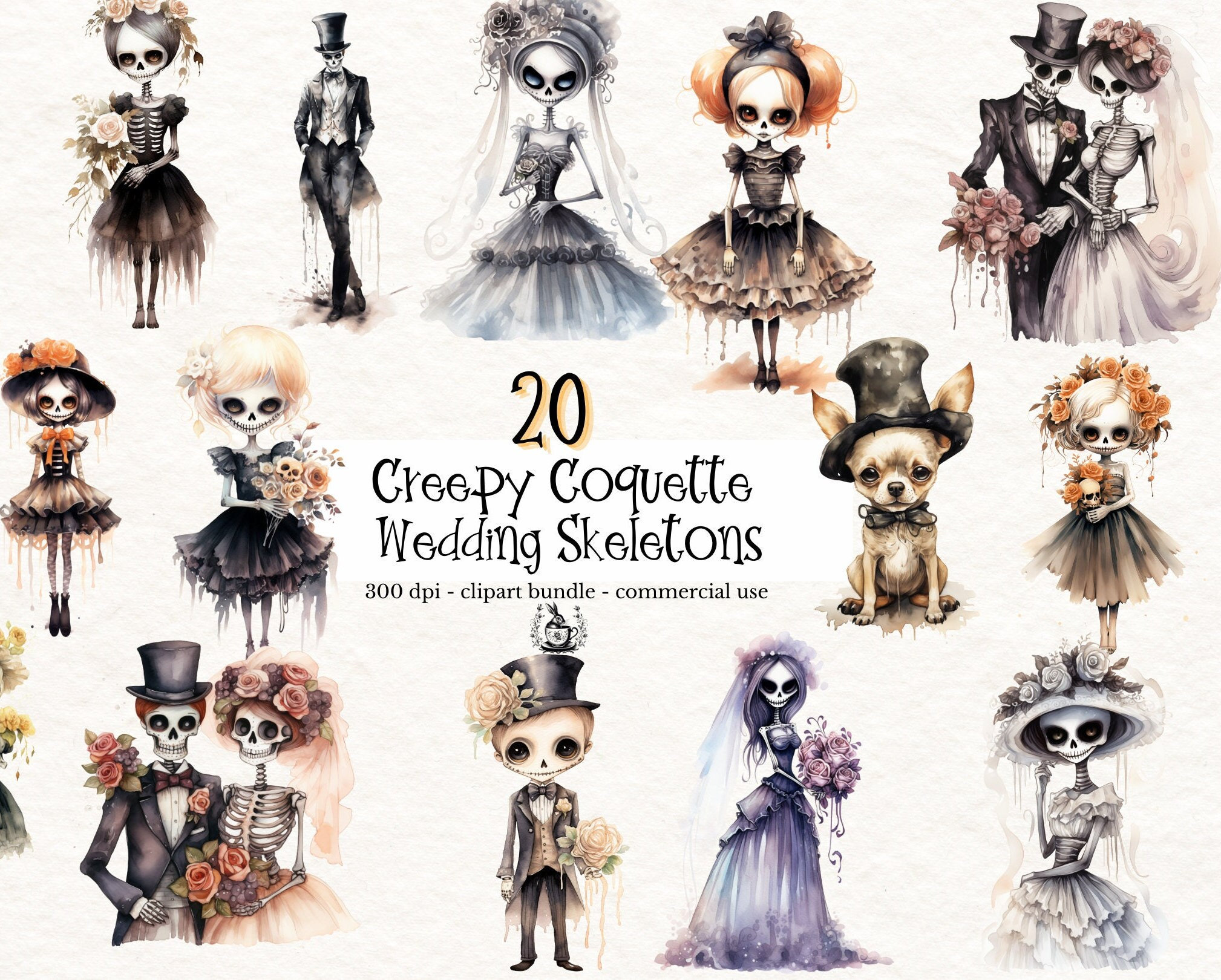 Skeleton Bride & Groom Wedding Clipart Bundle, Gothic Coquette PNG Día ...