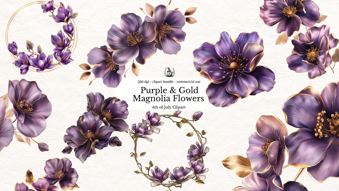 Gold Metallic Floral Clipart, Purple Flowers Commercial Use PNG ...