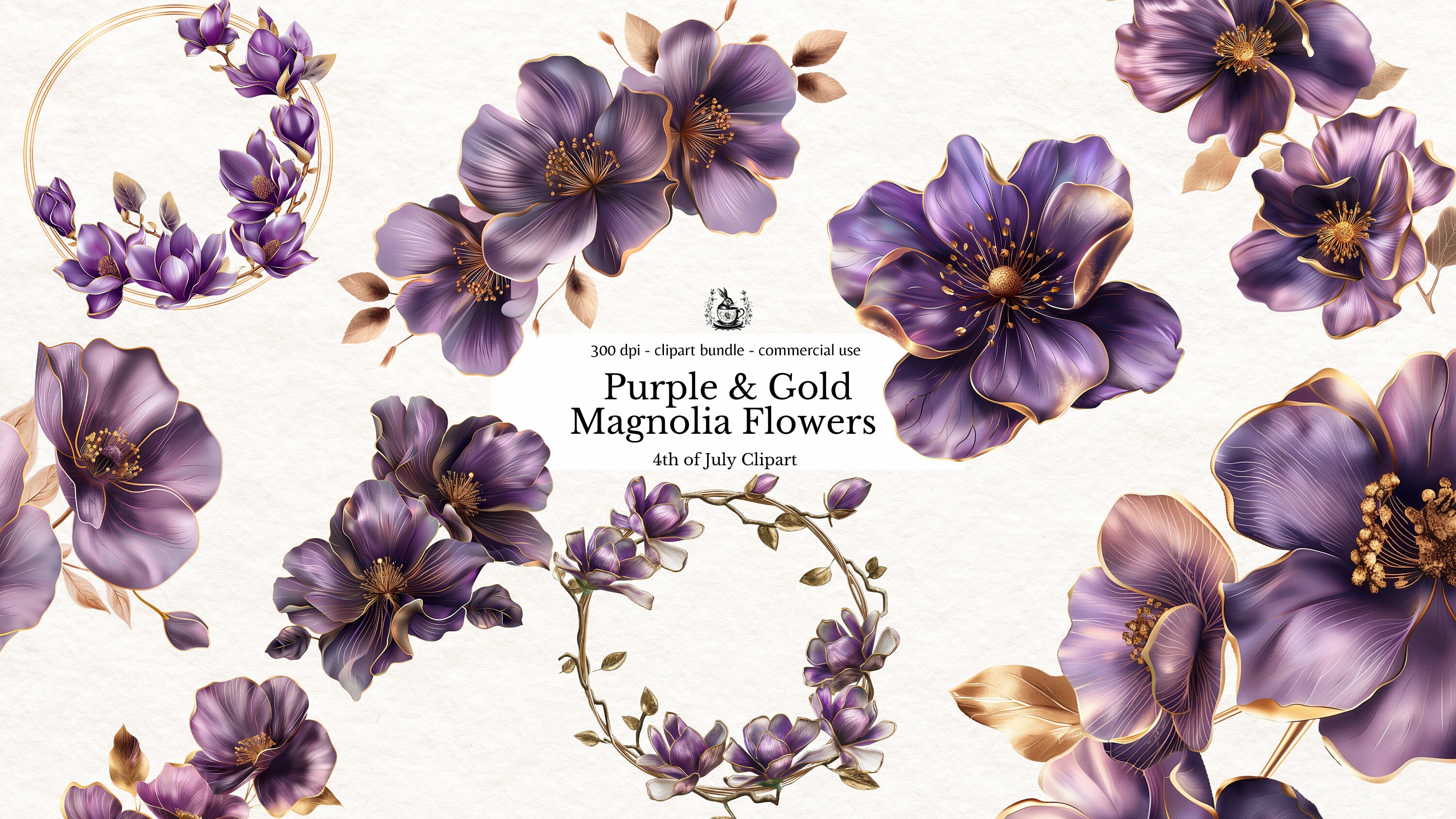 Gold Metallic Floral Clipart Purple Flowers PNG, Wedding Invitation ...