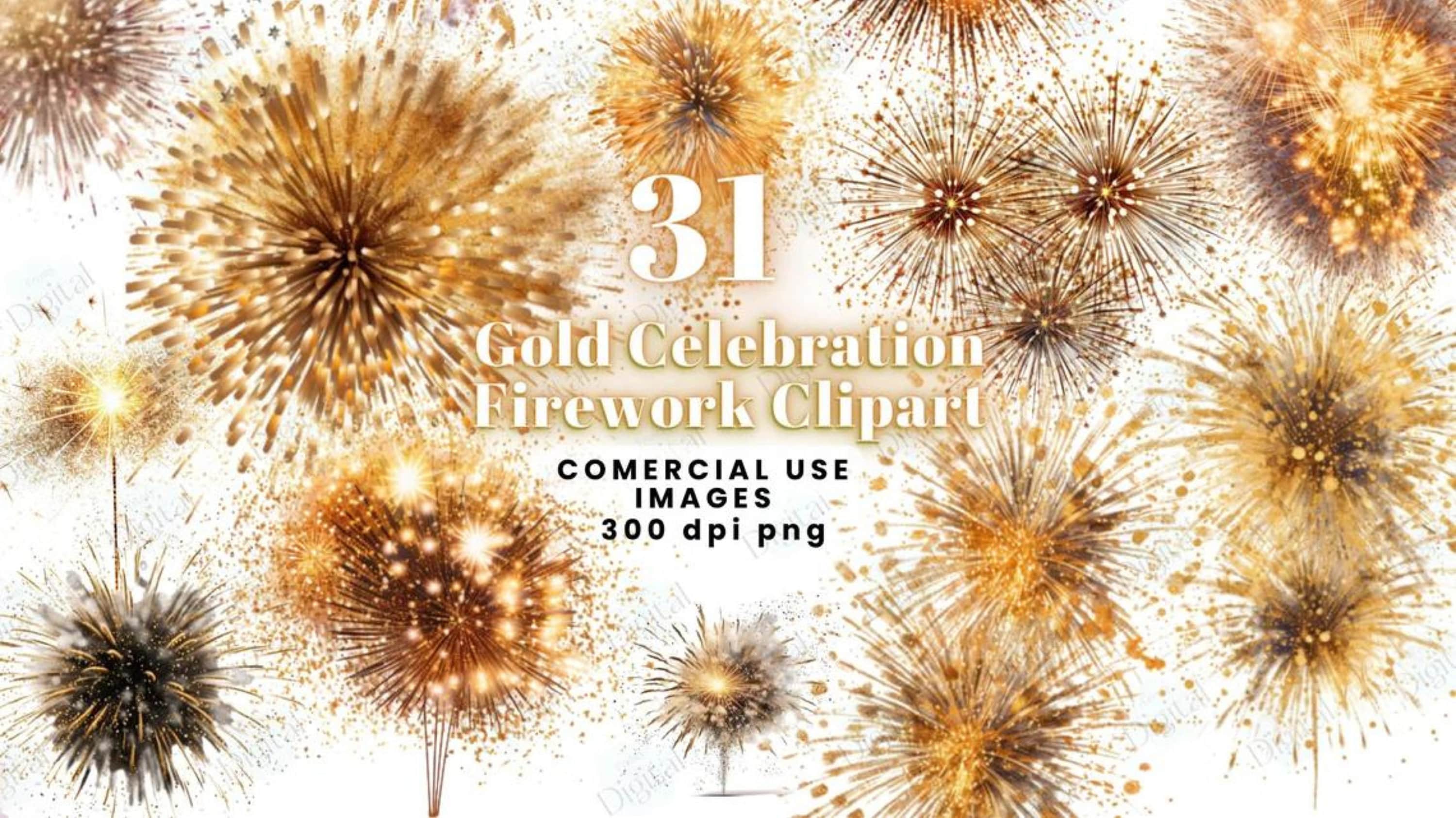 Celebration Gold Fireworks Clipart Bundle, Glitter Firework Commercial ...