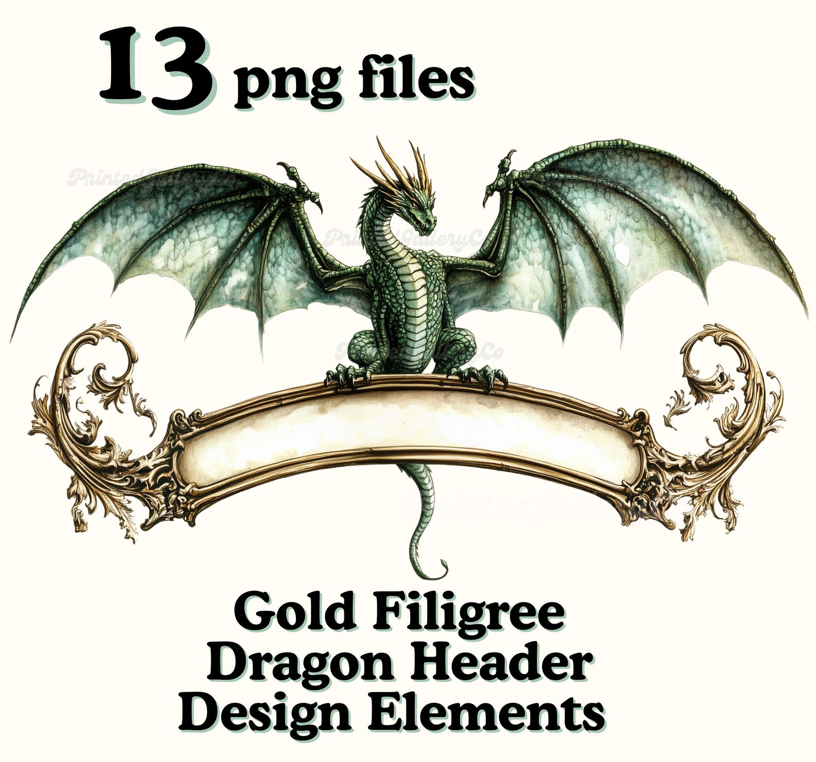 13 Gold Filigree Decorative Elements PNG Bundle, Medieval Dragon ...