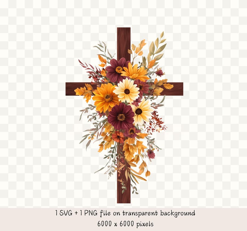 Fall Floral Cross Clipart Watercolor Garden Flower Cross PNG Shabby ...