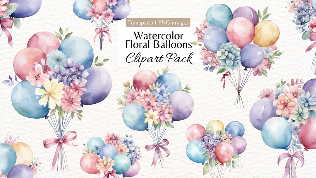 Watercolor Floral Balloon Clipart, Pastel Balloons PNG, Flower Bouquet ...