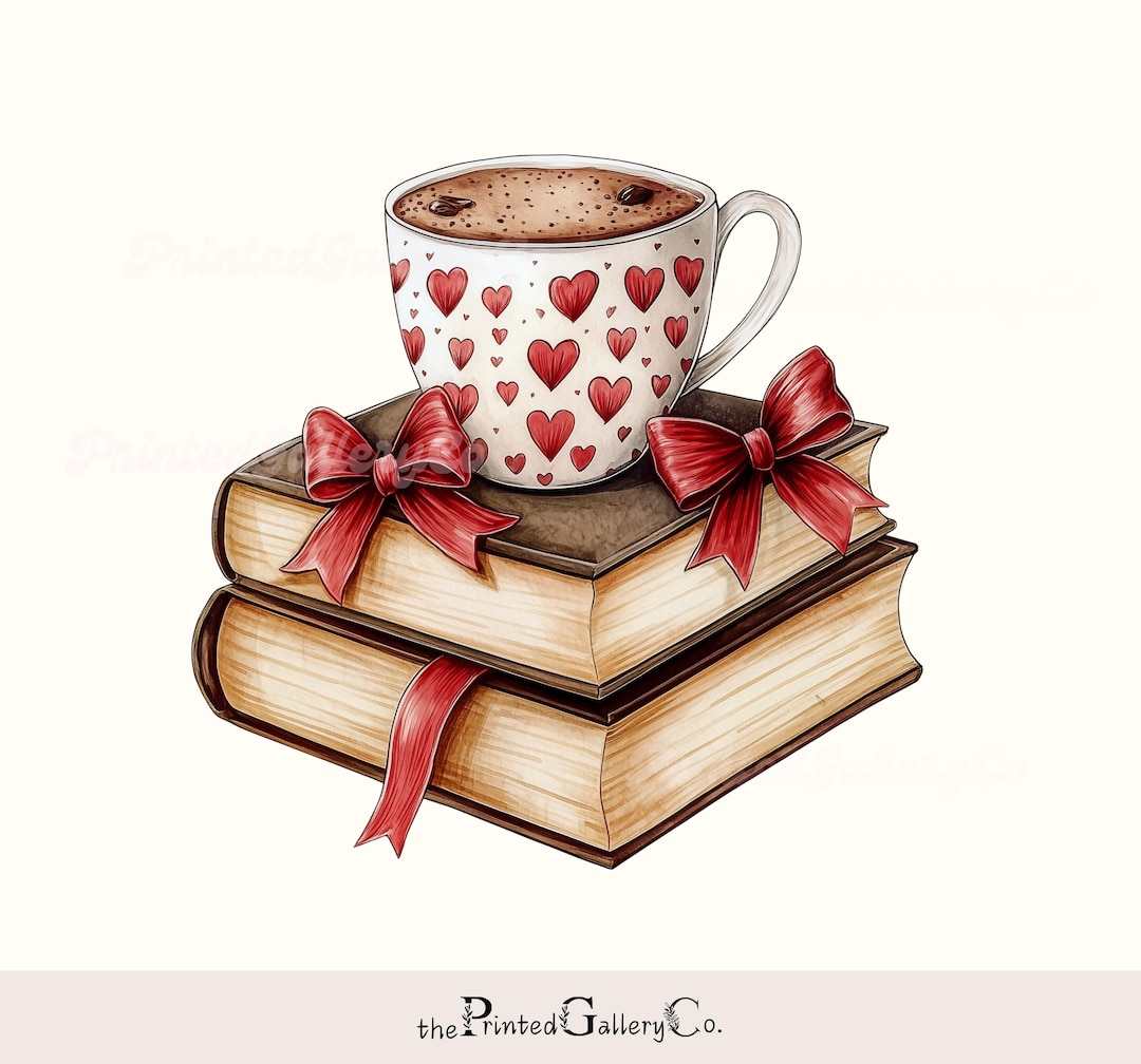 Cozy Books Clipart | Book Stack With Mug & Coquette Bow PNG | Valentine ...