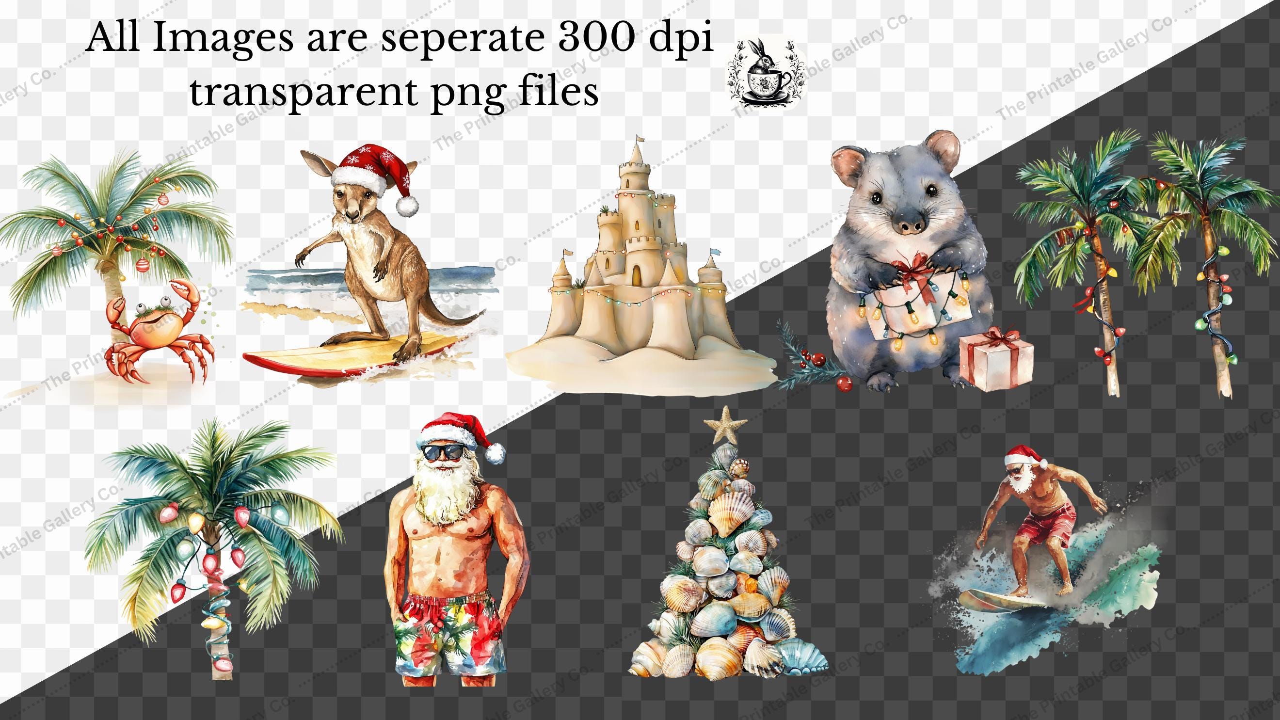 Tropical Christmas Clipart, Surfing Kangaroo With Santa Hat, Koala ...