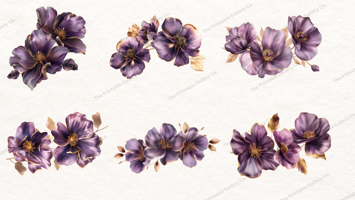 Gold Metallic Floral Clipart, Purple Flowers Commercial Use PNG ...