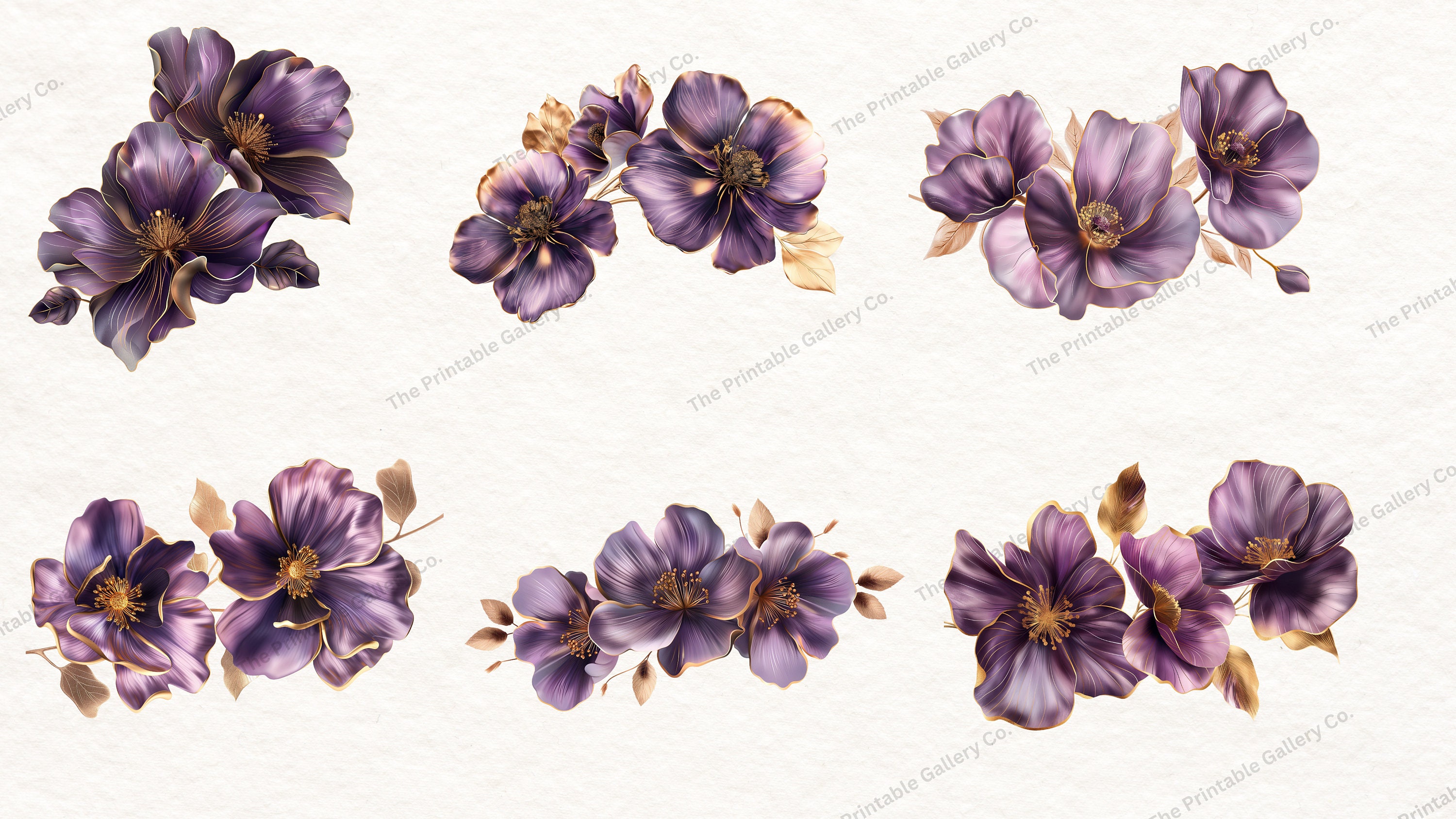 Gold Metallic Floral Clipart Purple Flowers PNG, Wedding Invitation ...