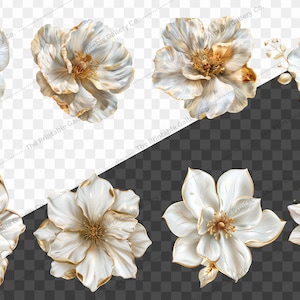 24 Gold Metallic Floral Clipart, White Flowers Commercial Use PNG ...