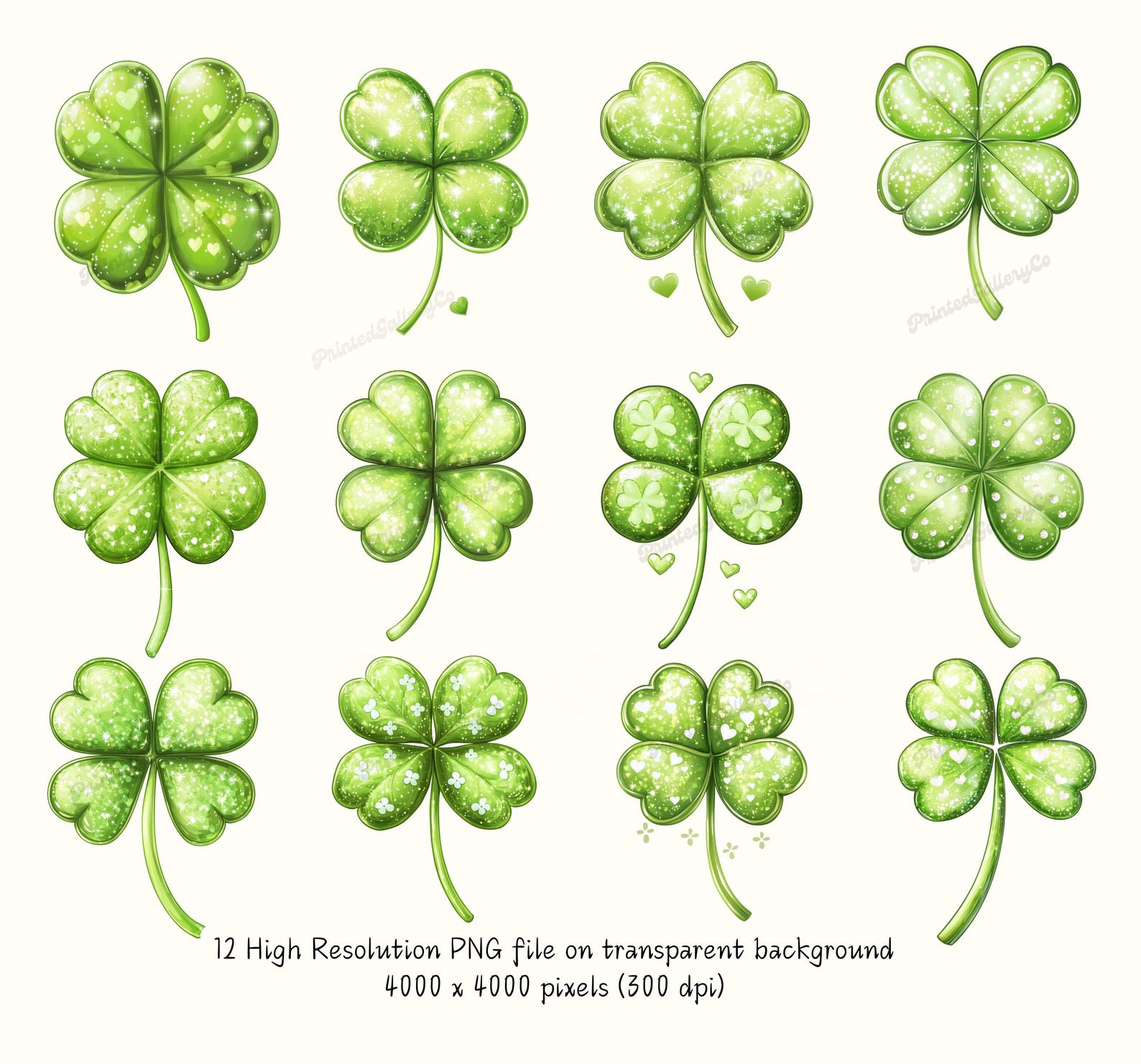 12 Glam Shamrock PNG Bundle, Cottagecore Clover Clipart, Lucky Four ...