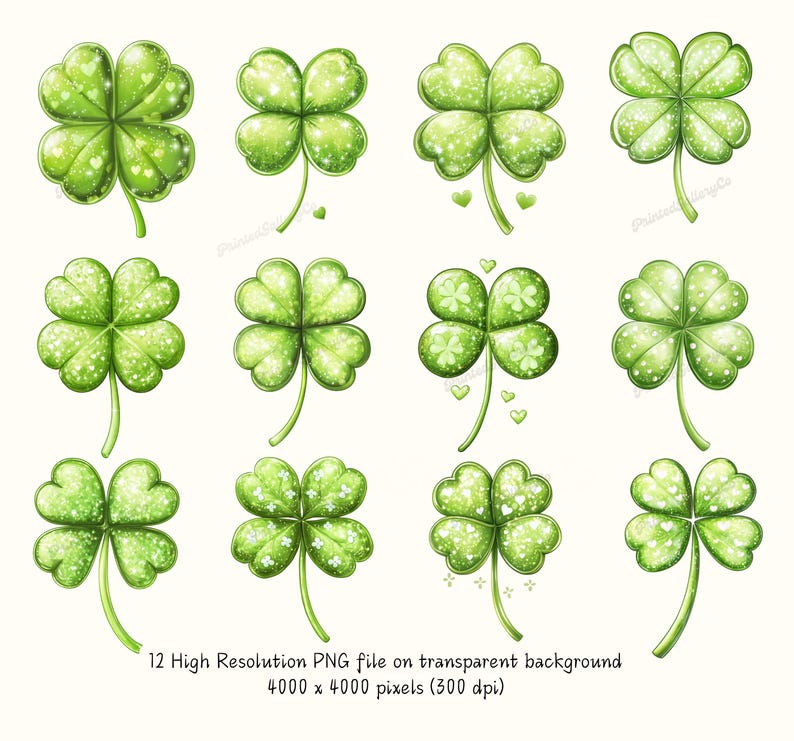 12 Glam Shamrock PNG Bundle, Cottagecore Clover Clipart, Lucky Four ...