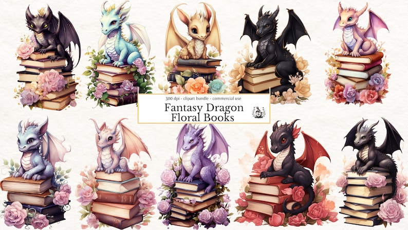 20 Fantasy Dragon Clipart Bundle, Floral Books Clip Art Digital ...