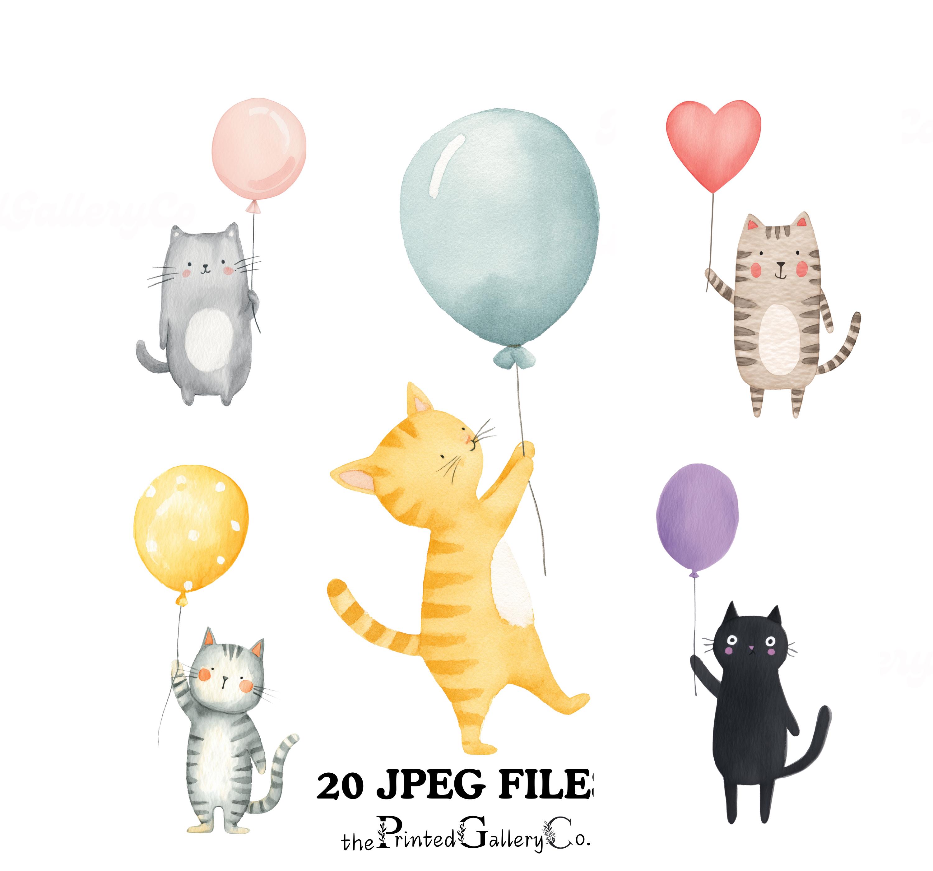 JPEG Cat Balloon Clipart Bundle Cute Cats Holding Balloons Commercial ...
