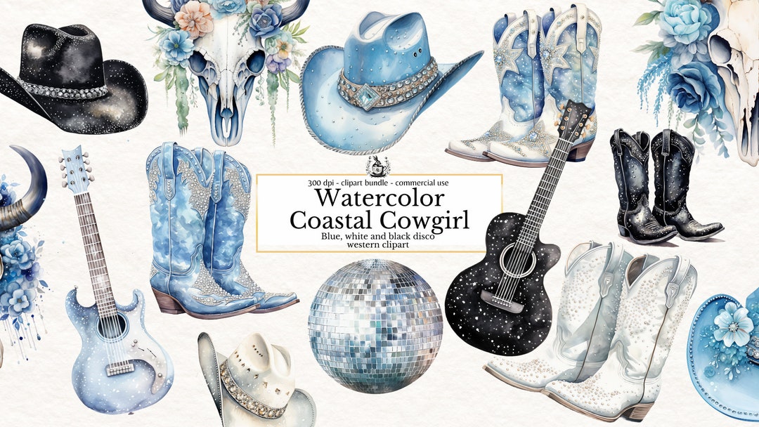Watercolor Coastal Cowgirl Clipart, Blue/black/white Glam Western Boots ...