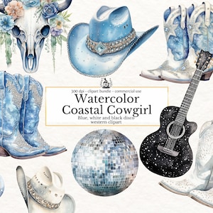 Watercolor Coastal Cowgirl Clipart, Blue/black/white Glam Western Boots ...