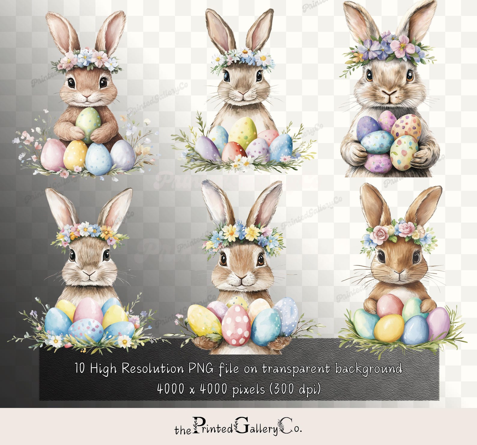 Colorful Floral Easter Bunny Clipart, Spring Rabbit Commercial Use PNG ...