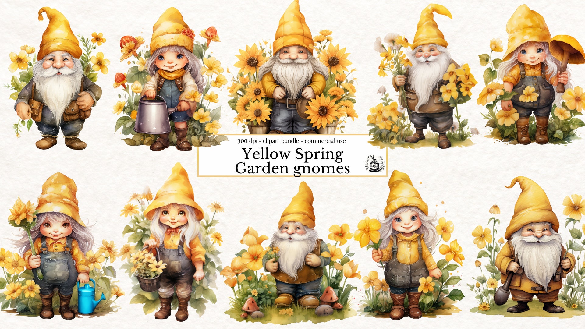 Male & Female Garden Gnome Clipart, Yellow Spring Gnomes Commercial Use ...