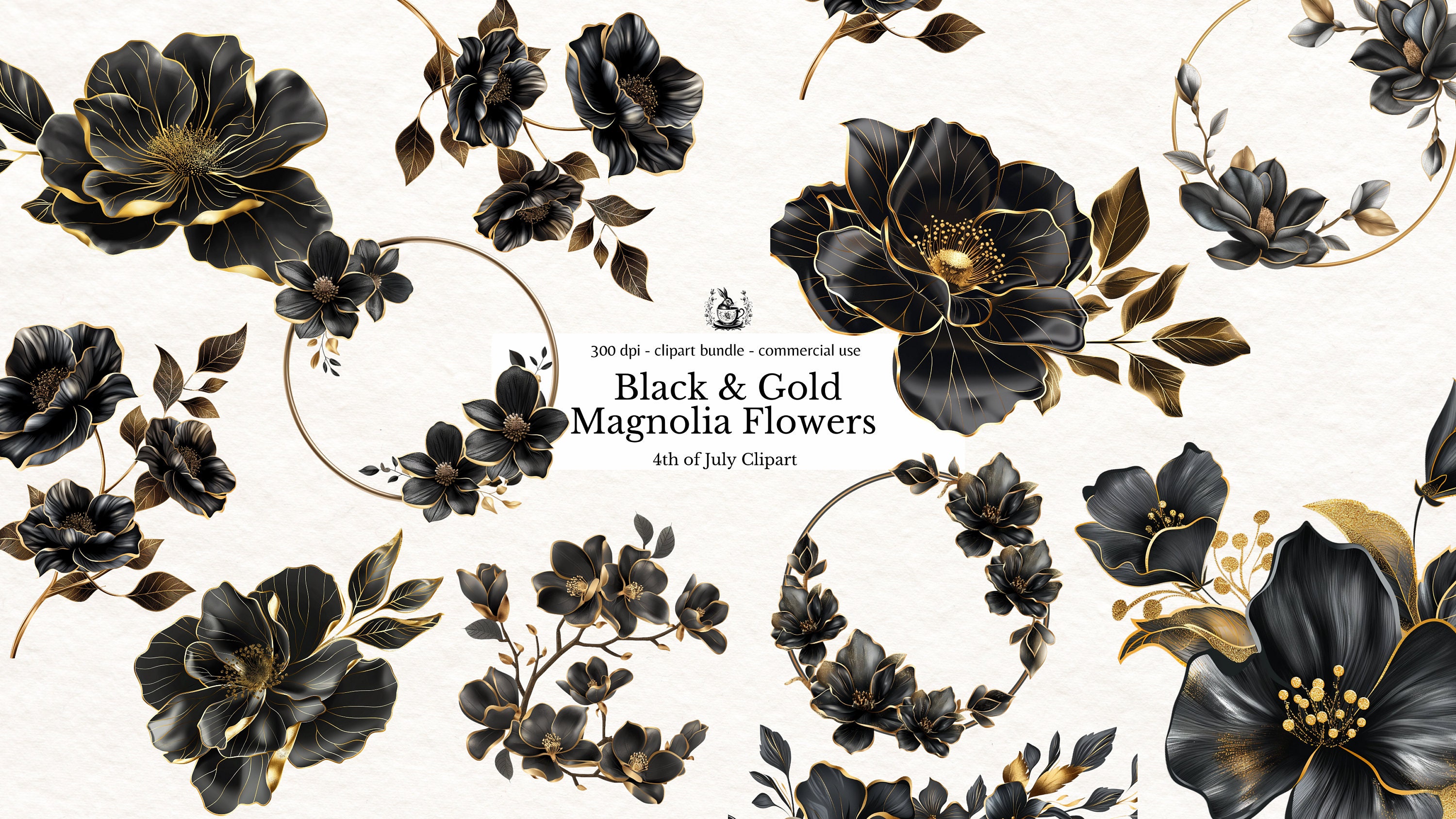 Gold Metallic Floral Clipart, Black Flowers Commercial Use PNG, Wedding ...