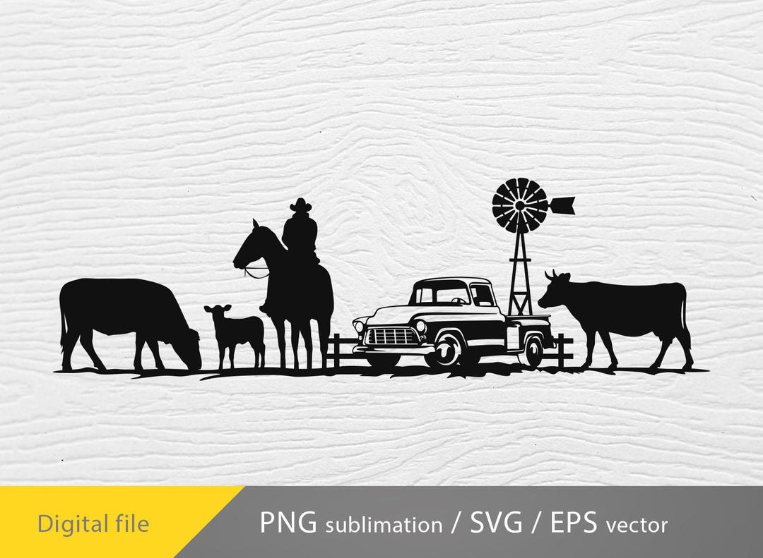 Cattle Ranching Scene Svg, Ranch Truck Svg, Farm Windmill Svg ...