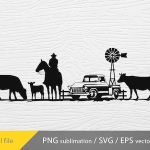 Cattle Ranching Scene Svg, Ranch Truck Svg, Farm Windmill Svg ...