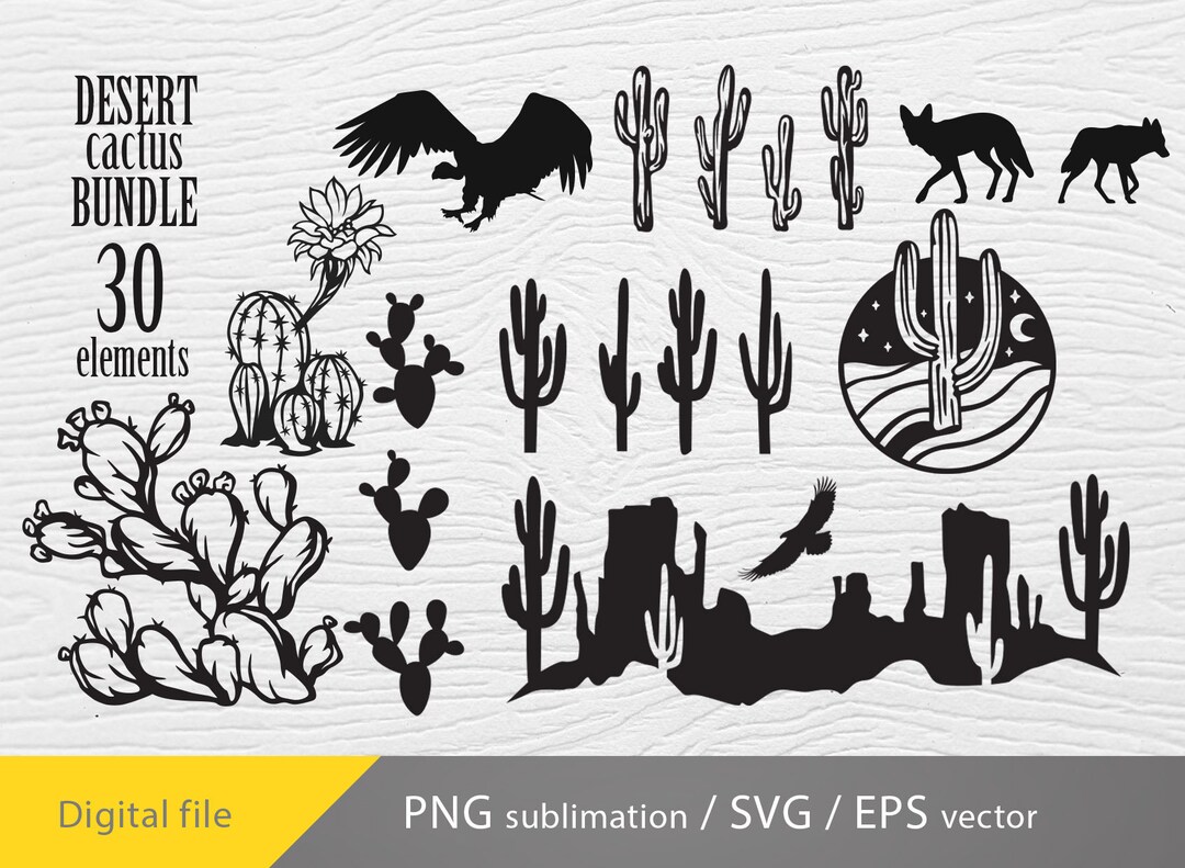 Cactus SVG Bundle, Desert Landscape SVG, Cactus Desert Svg, Succulent ...