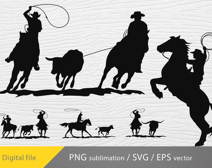 Team Roping, Drawing of Rodeo Cowboys Team Roping at the Rodeo, Western ...