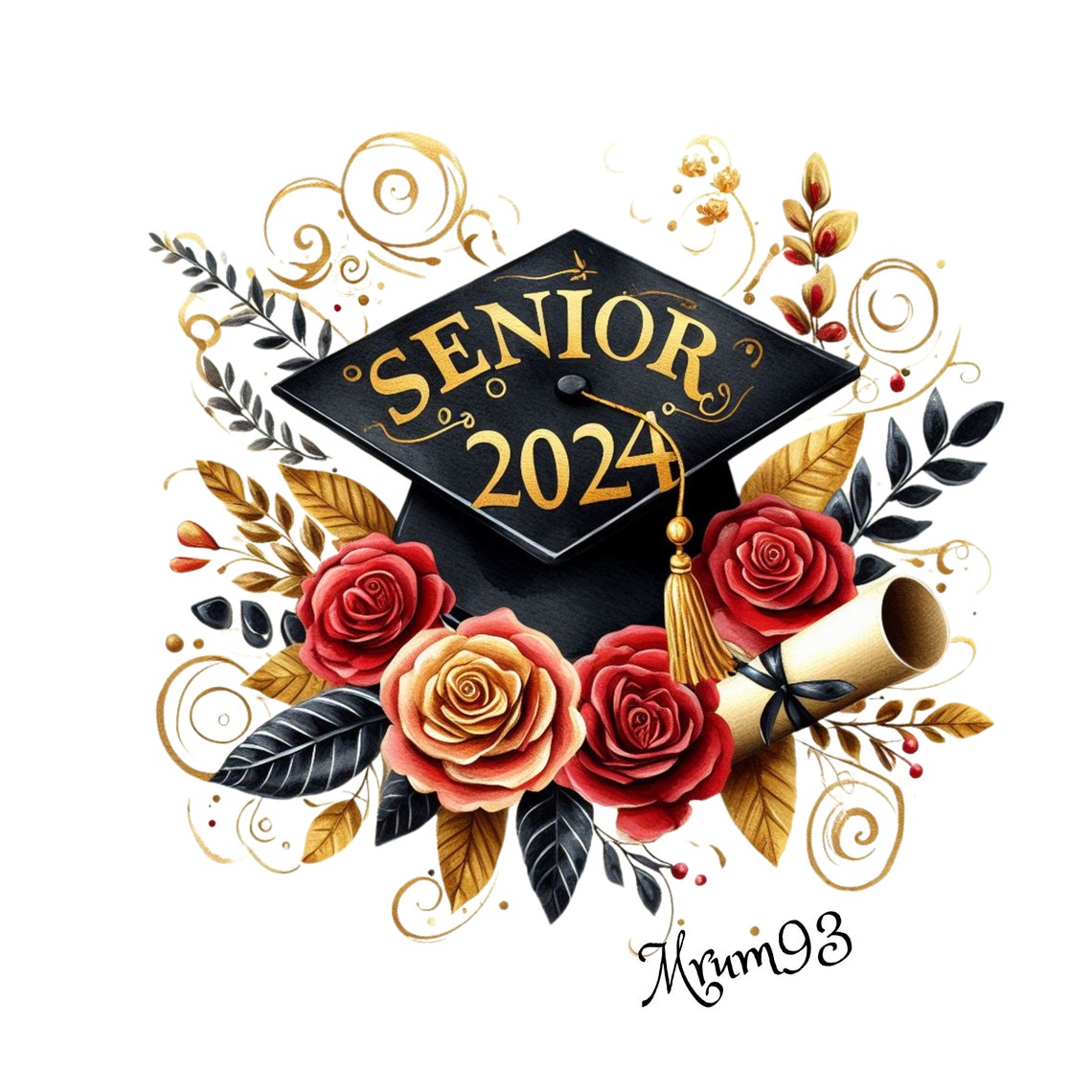 Graduation Cap PNG 2024, Senior Year Clipart, Class of 2024 Floral ...