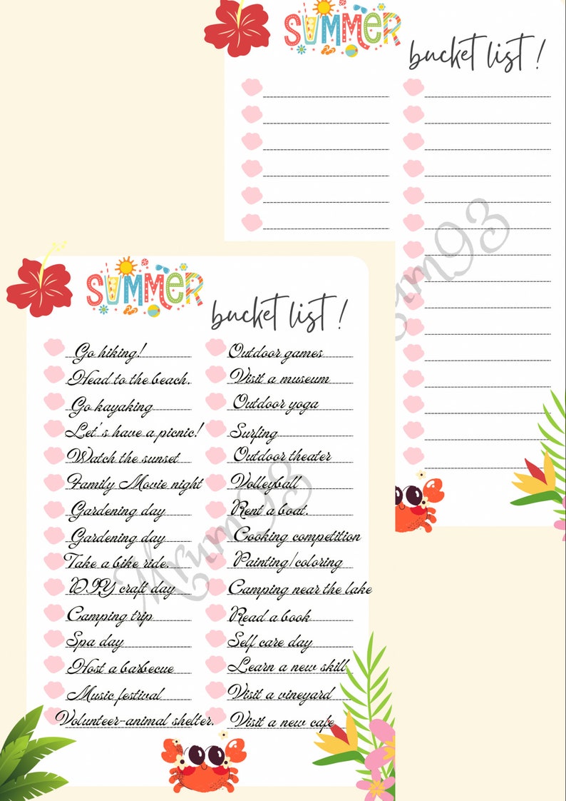 Summer Bucket List Printable, PDF File Planner, Fun Activities ...