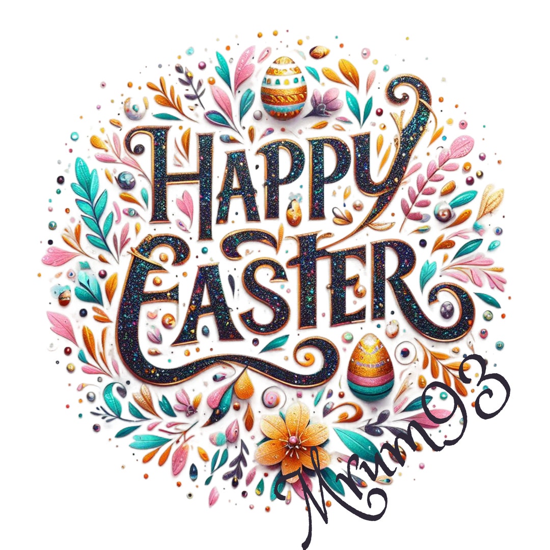 Glitter Happy Easter Text Print DTF Transfer, Bunny and Egg DIY Transfer, Easter Bunny Ears Heat ...