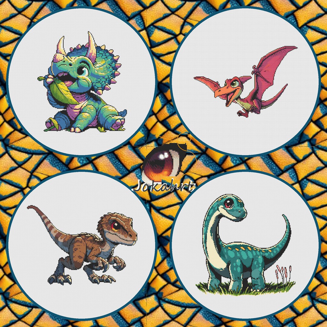 Dinosaur Cross Stitch Pattern Bundle, Triceratops, Velociraptor, Pterodactyl, Brachiosaurus ...