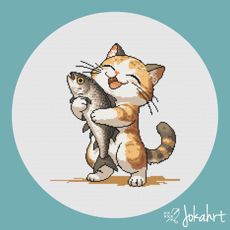 Adorable Cat Hugging Fish Cross Stitch Pattern, Whimsical DIY ...