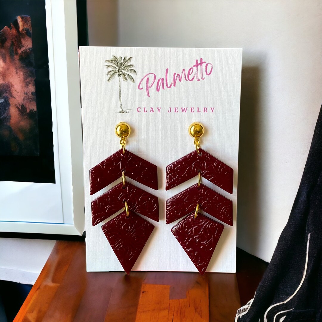 Maroon Mandala 3 Tier Polymer Clay Earrings, Handmade, Eye-catching ...