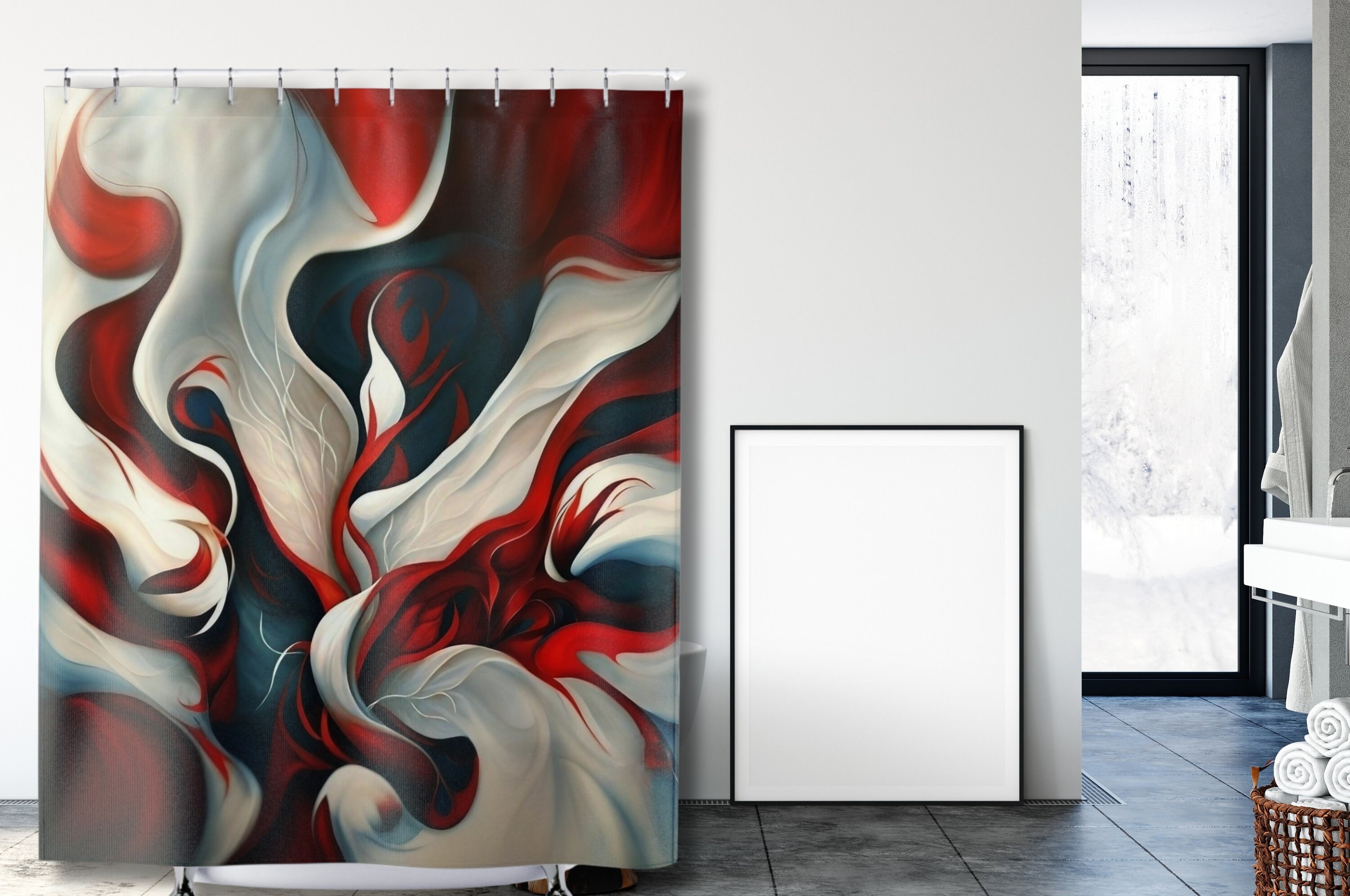 Floral Fusion Shower Curtain: Contemporary Abstract Red and White ...