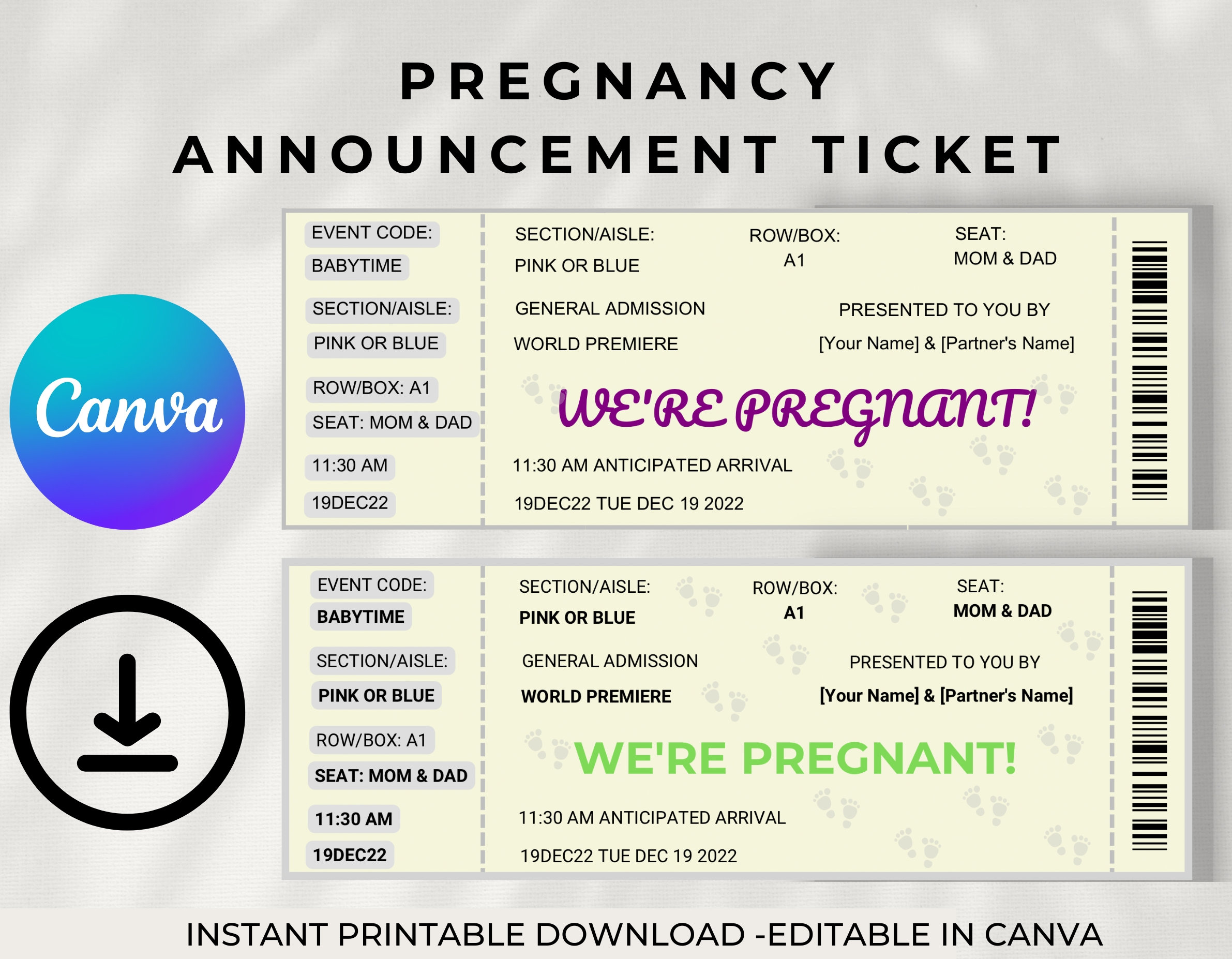 Editable Pregnancy Announcement Ticket Template | Digital Download ...