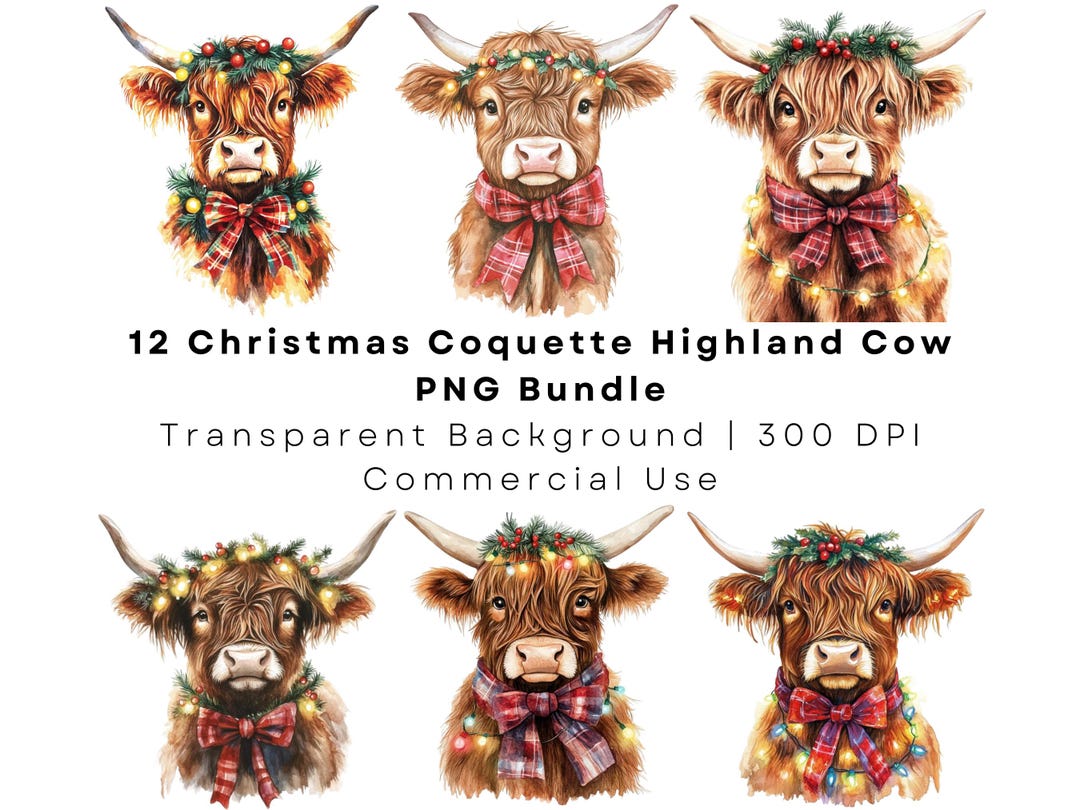 Christmas Coquette Highland Cow PNG Bundle, Festive Gingham Bow Cows ...