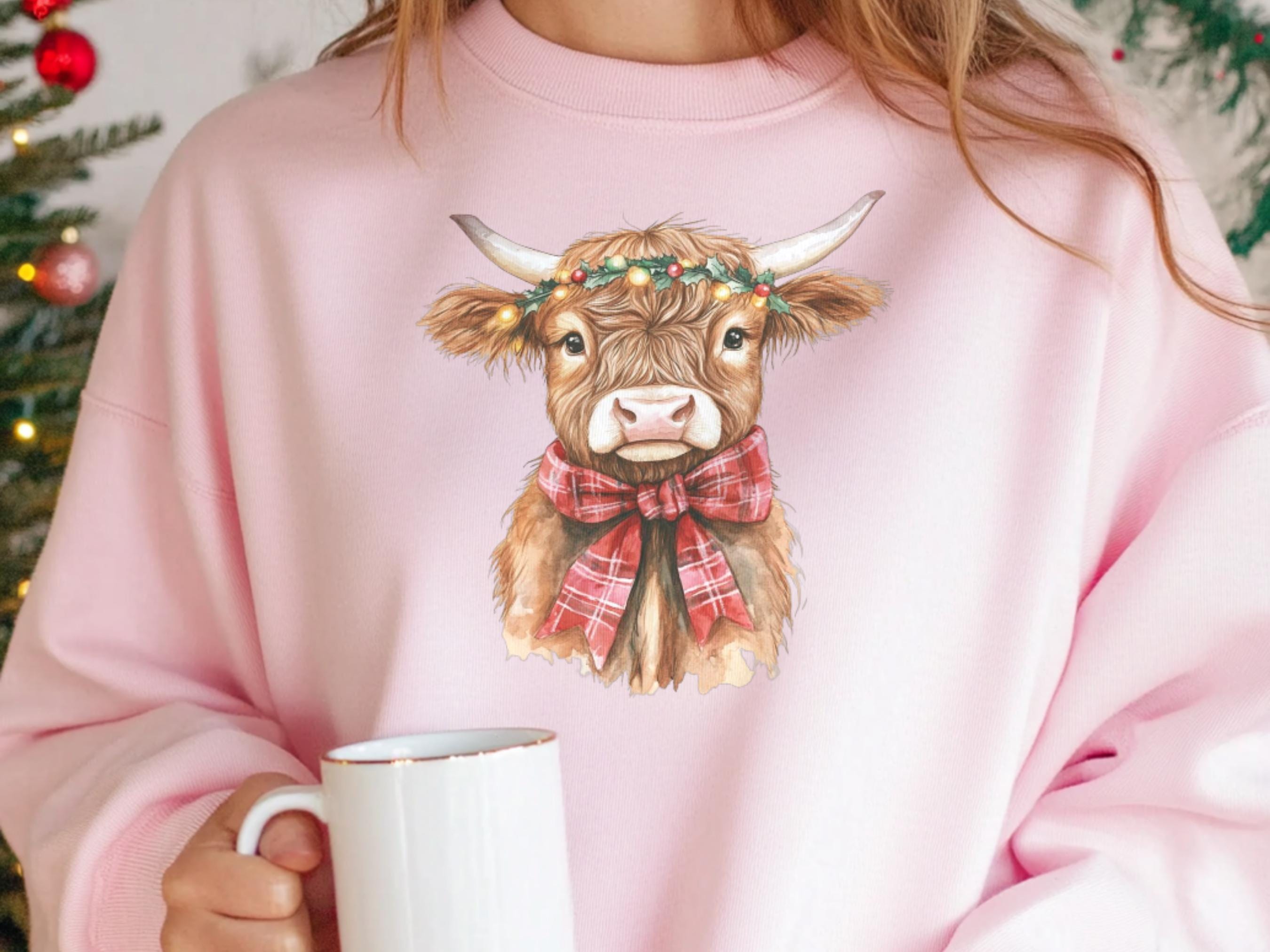 Christmas Coquette Highland Cow PNG Bundle, Festive Gingham Bow Cows ...