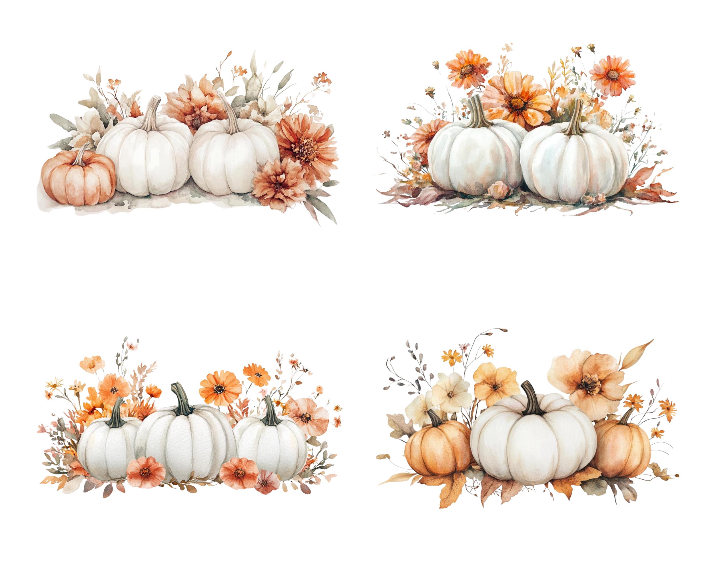 12 Water Color Pumpkin Clipart Bundle, Pumpkin Floral Clipart, Fall ...