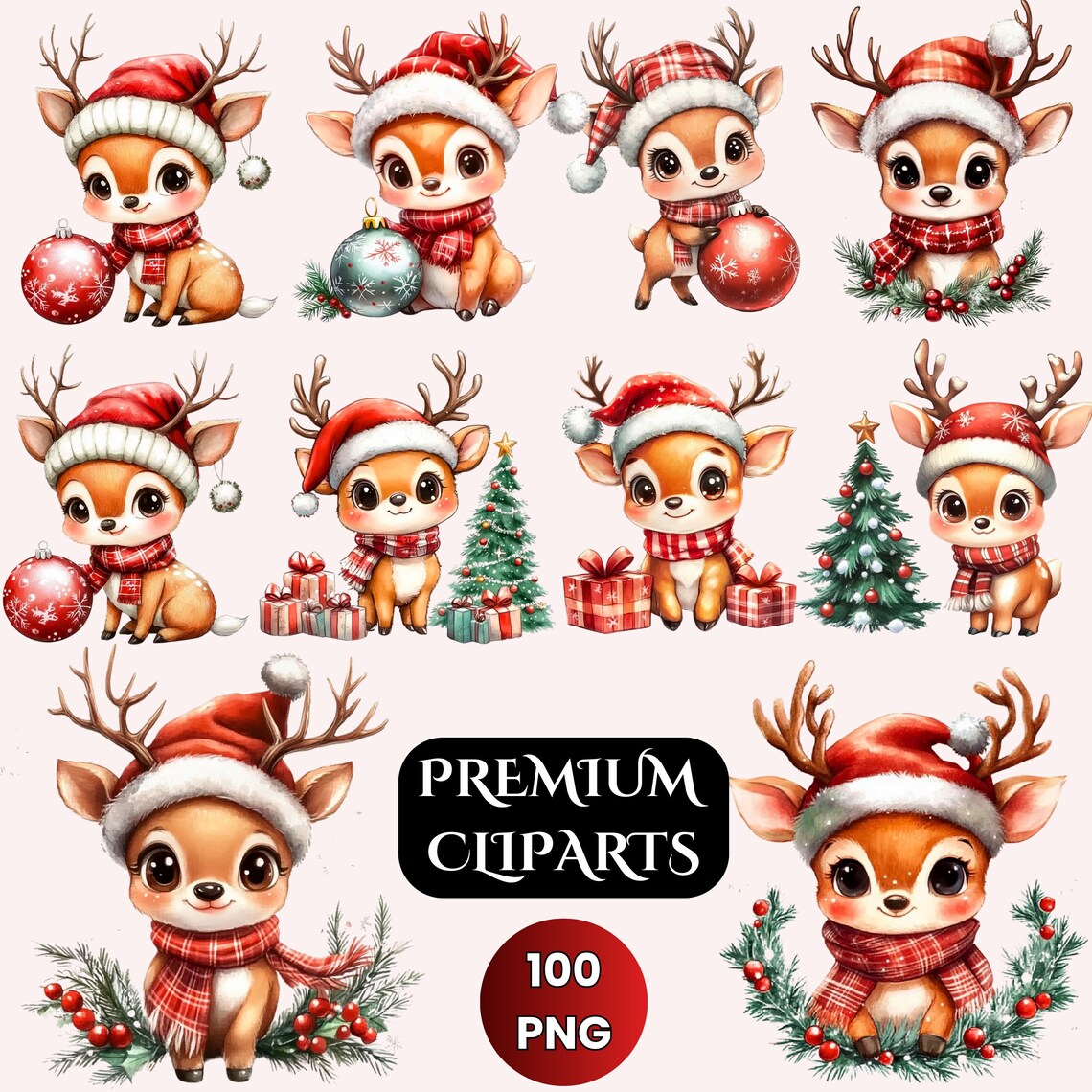 100 Cute Reindeer PNG Clipart Bundle, Reindeer Clipart for Christmas ...