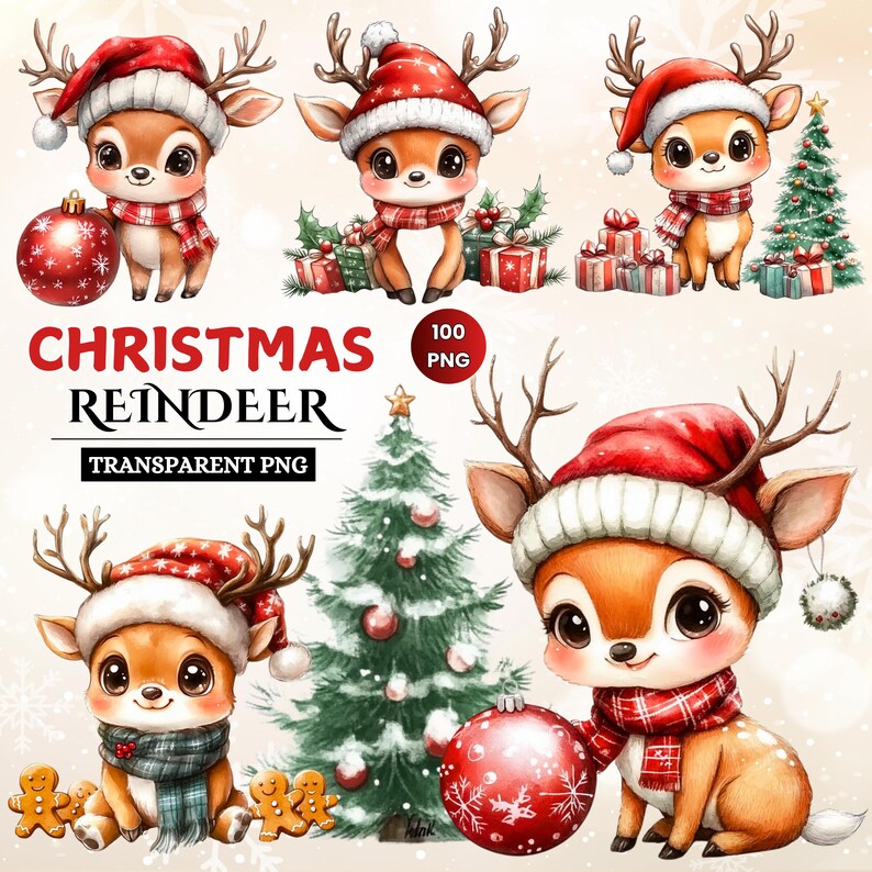 100 Cute Reindeer PNG Clipart Bundle, Reindeer Clipart for Christmas ...