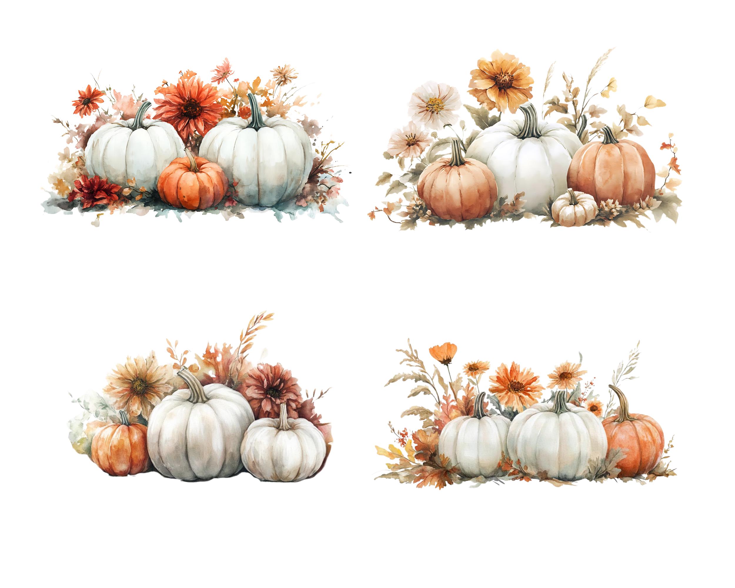 12 Water Color Pumpkin Clipart Bundle, Pumpkin Floral Clipart, Fall ...