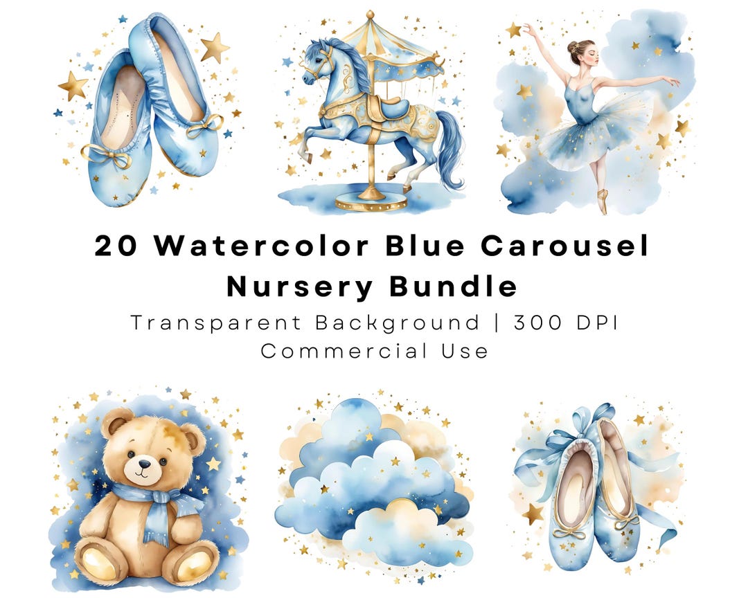 Watercolor Blue Carousel Clipart, Whimsical Ballerina Carousel Magical ...