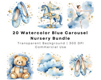 Watercolor Blue Carousel Clipart, Whimsical Ballerina Carousel Magical Graphic, Vintage Carousel ...