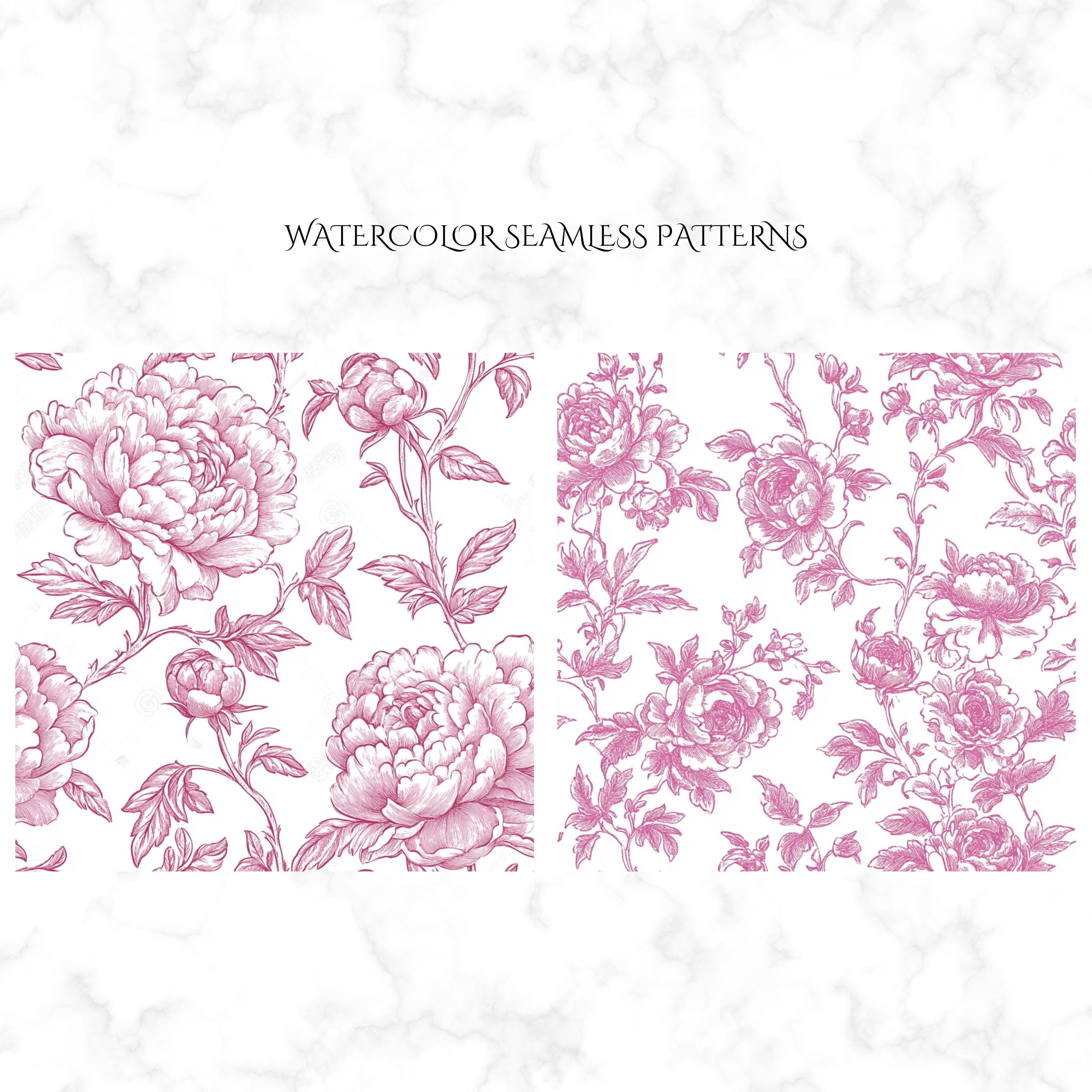 Pink Chinoiserie Flowers Seamless Patterns, Antique Style Vintage ...