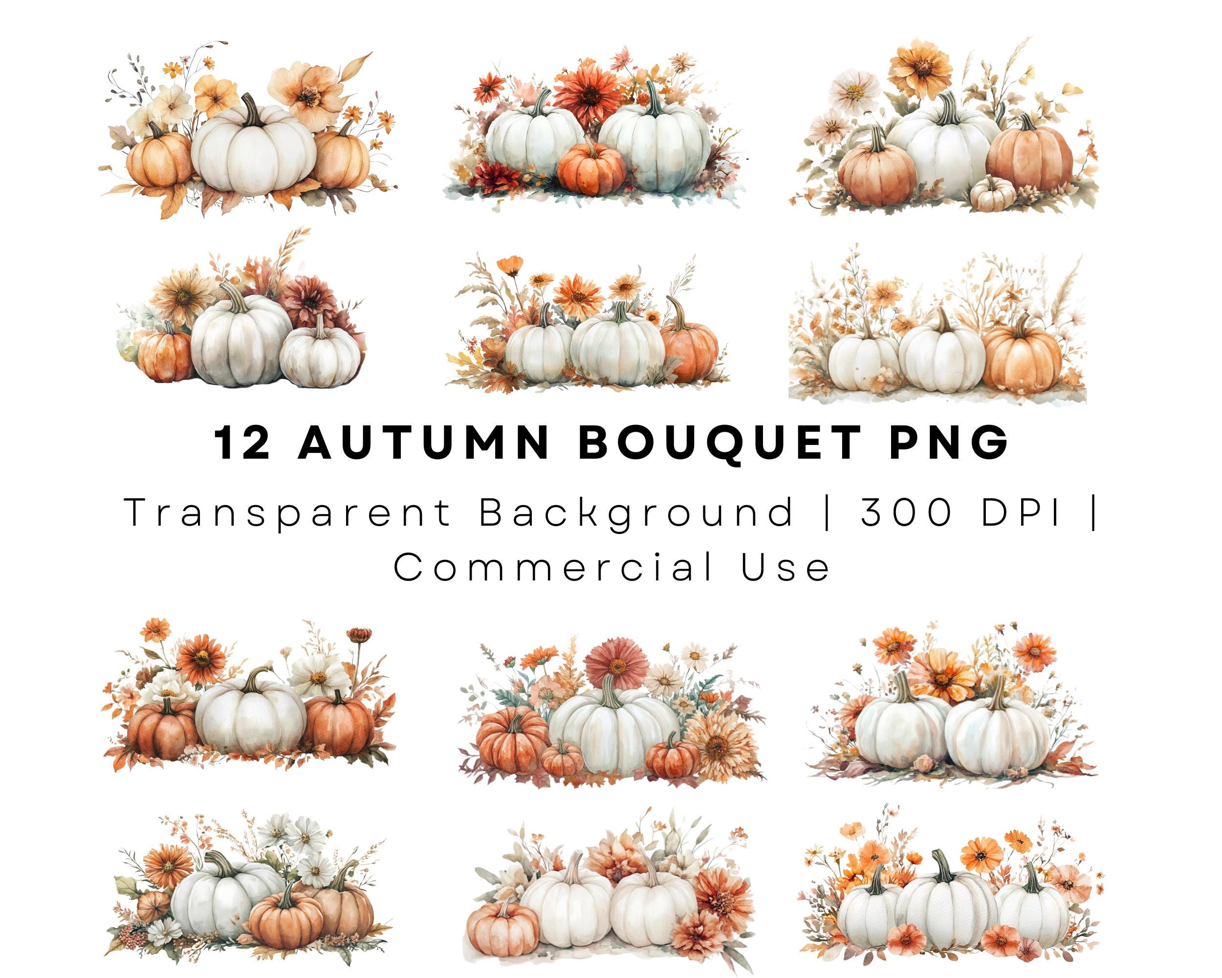 12 Water Color Pumpkin Clipart Bundle, Pumpkin Floral Clipart, Fall ...