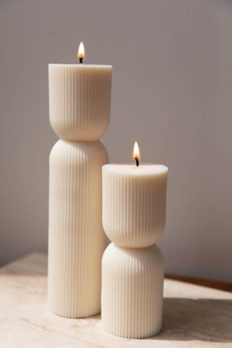 Ribbed Hourglass Pillar Candle Sculptural Candle Aesthetic Decor Candle ...