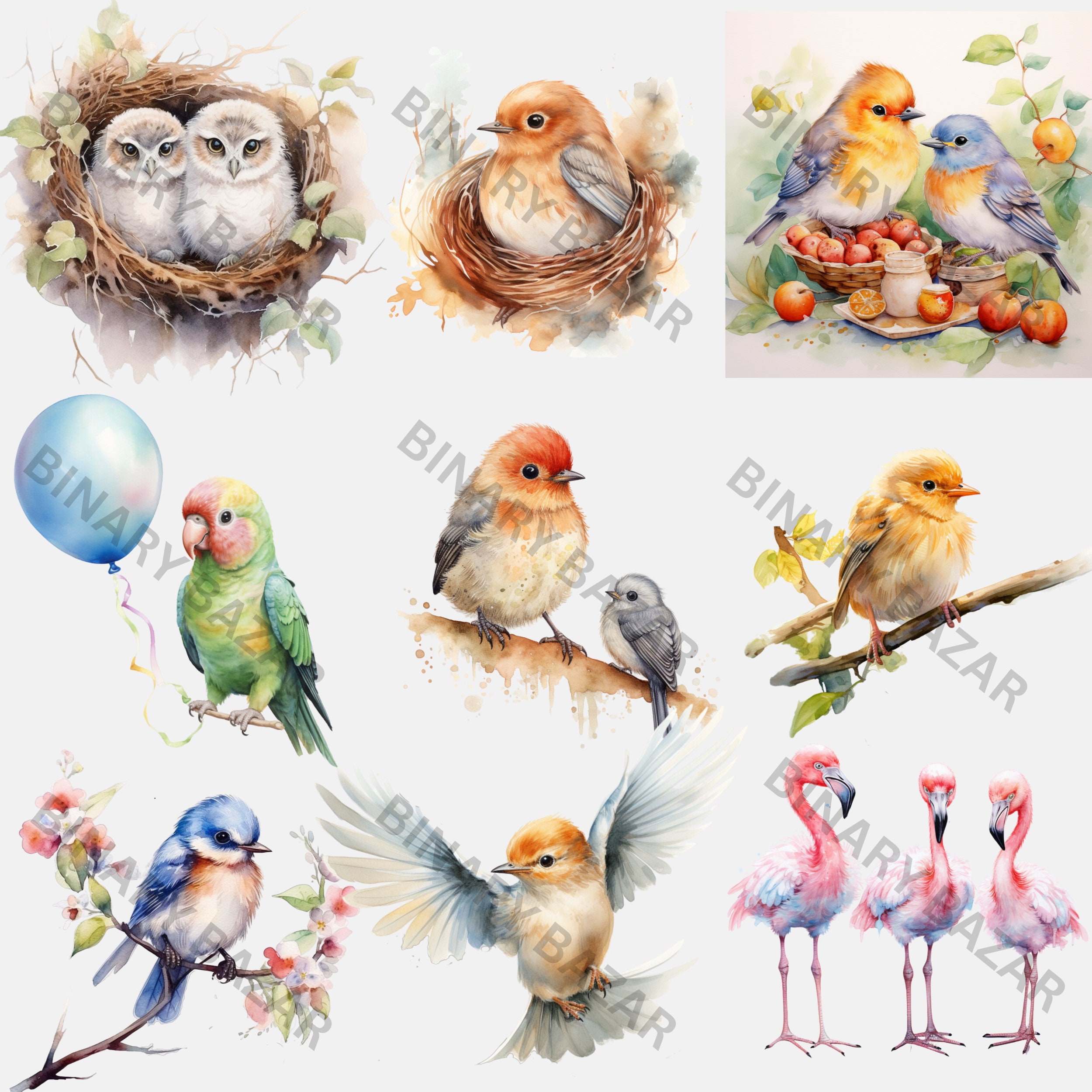 Cute Birds Clipart PNG Bundle 34 Watercolor Colorful Birds Clip Art ...
