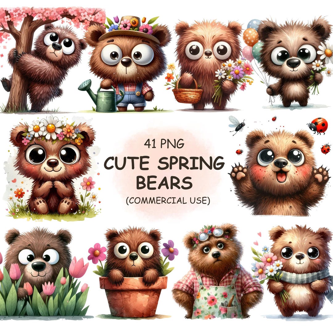 Cute Spring Grizzly Bear Clipart PNG Bundle – 41 Funny Watercolor ...