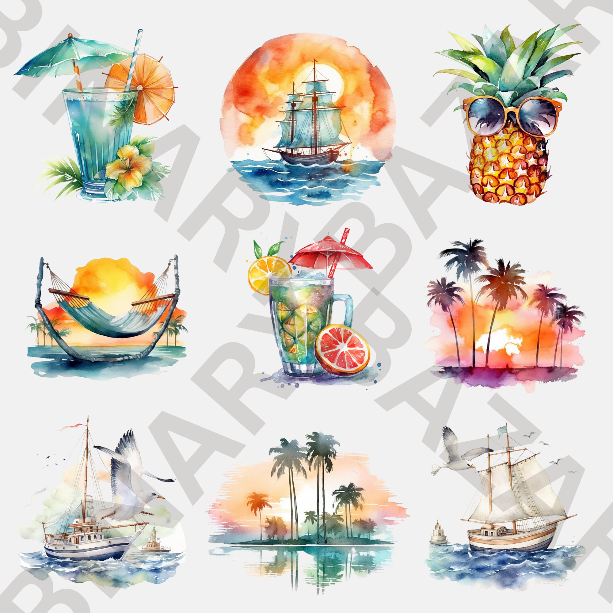 23 Summer Season Watercolor PNG Clipart Pack Bundle, Sunshine, Beach ...