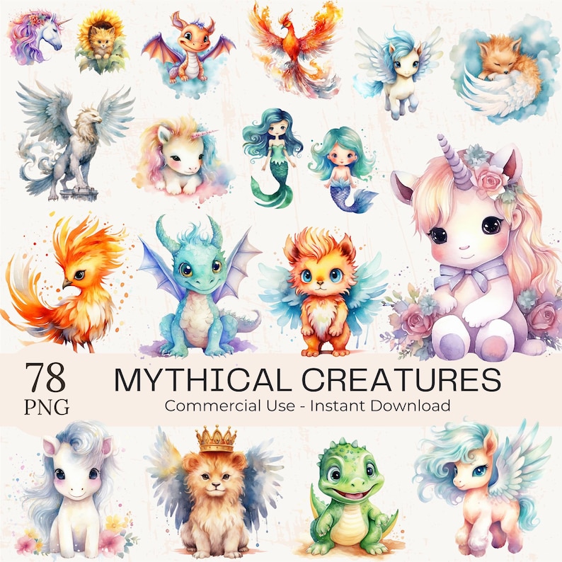 Watercolor Mythical Creatures Clipart: 78 Fantasy Animals PNG (digital ...