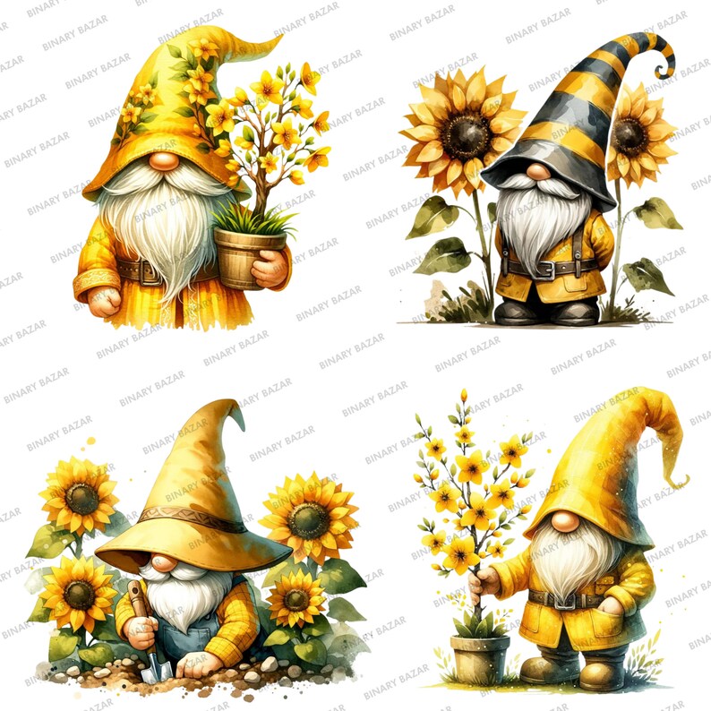Sunflower Garden Gnome Clipart PNG Bundle 18 Watercolor Spring Gnome ...
