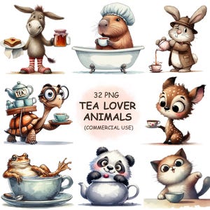 Cute & Funny Tea Party Animals Clipart PNG Bundle – Quirky Watercolor ...